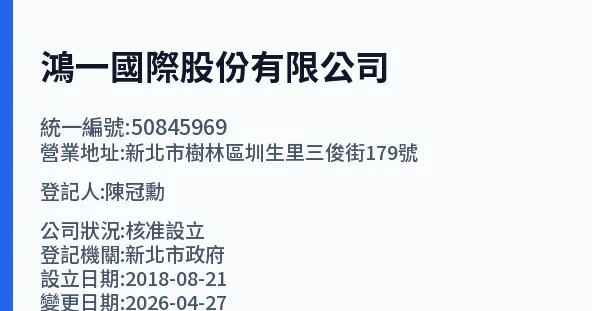 鴻一國際股份有限公司的照片-統編 50845969(新北市) 公司登記資料與營業項目詳細圖表