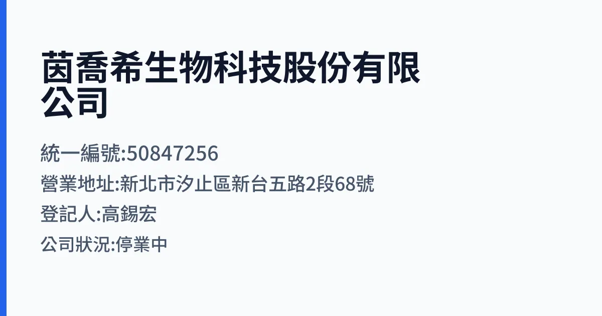 茵喬希生物科技股份有限公司 - 統編 50847256(新北市) 公司登記資料與營業項目詳細圖表