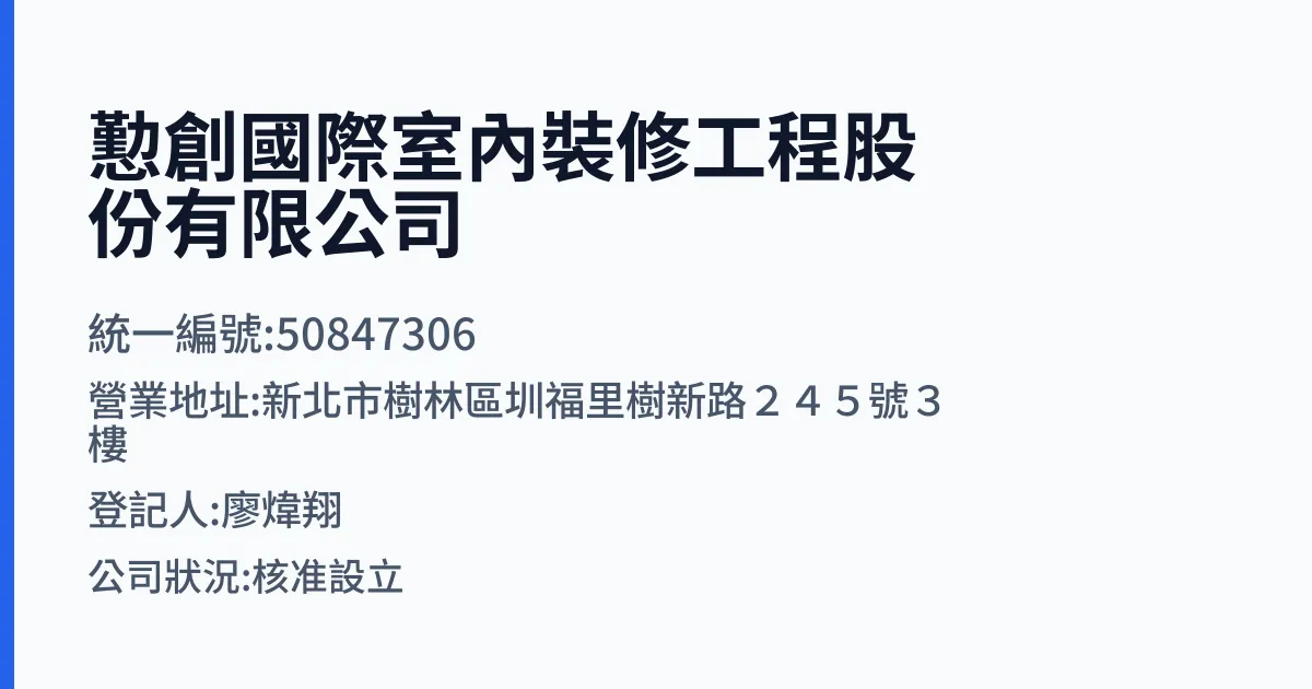 懃創國際室內裝修工程股份有限公司 - 統編 50847306(新北市) 公司登記資料與營業項目詳細圖表
