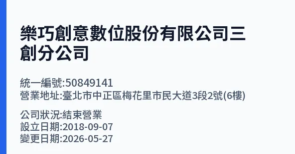 樂巧創意數位股份有限公司三創分公司的照片-統編 50849141(臺北市) 公司登記資料與營業項目詳細圖表