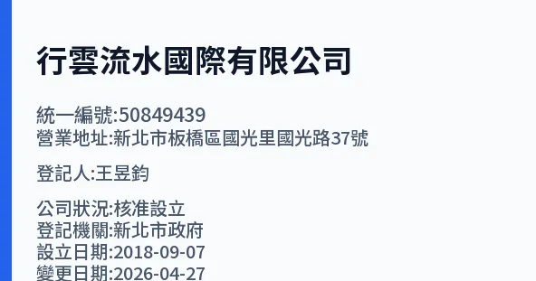 行雲流水國際有限公司的照片-統編 50849439(新北市) 公司登記資料與營業項目詳細圖表