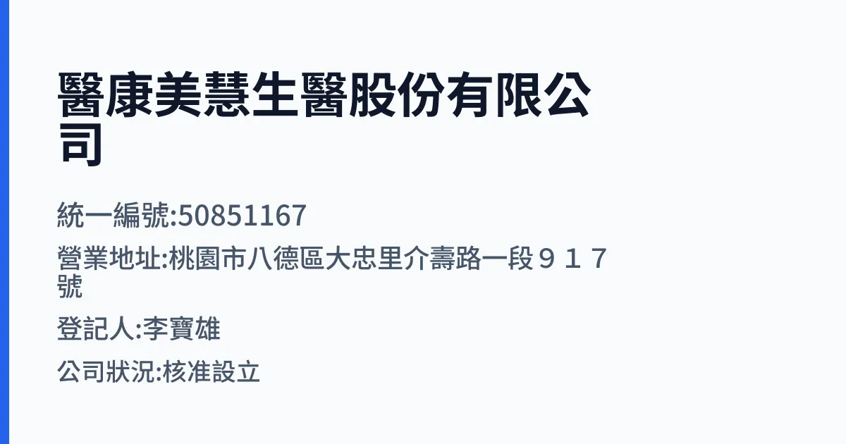 醫康美慧生醫股份有限公司 - 統編 50851167(新北市) 公司登記資料與營業項目詳細圖表