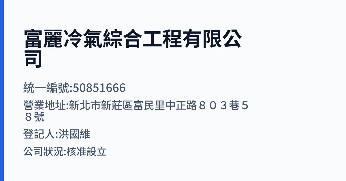 富麗冷氣綜合工程有限公司 - 統編 50851666(新北市) 公司登記資料與營業項目詳細圖表