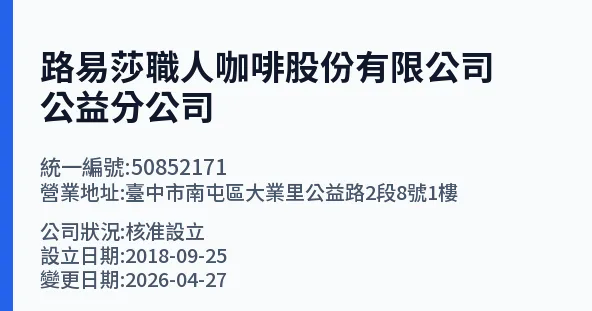 路易莎職人咖啡股份有限公司公益分公司的照片-統編 50852171(臺中市) 公司登記資料與營業項目詳細圖表