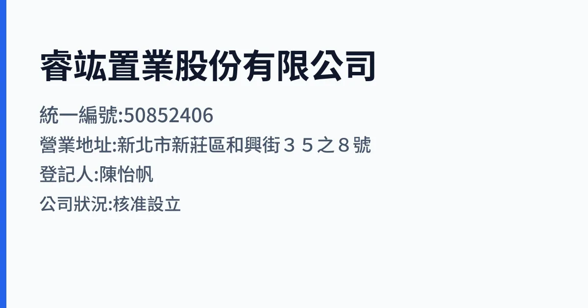睿竑置業股份有限公司 - 統編 50852406(新北市) 公司登記資料與營業項目詳細圖表