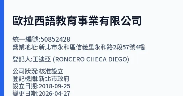 歐拉西語教育事業有限公司的照片-統編 50852428(新北市) 公司登記資料與營業項目詳細圖表