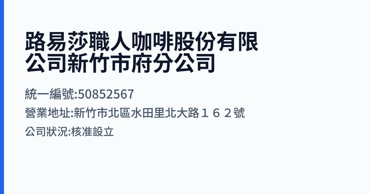 路易莎職人咖啡股份有限公司新竹市府分公司 - 統編 50852567(新竹市) 公司登記資料與營業項目詳細圖表