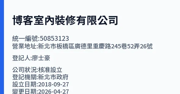 博客室內裝修有限公司的照片-統編 50853123(新北市) 公司登記資料與營業項目詳細圖表