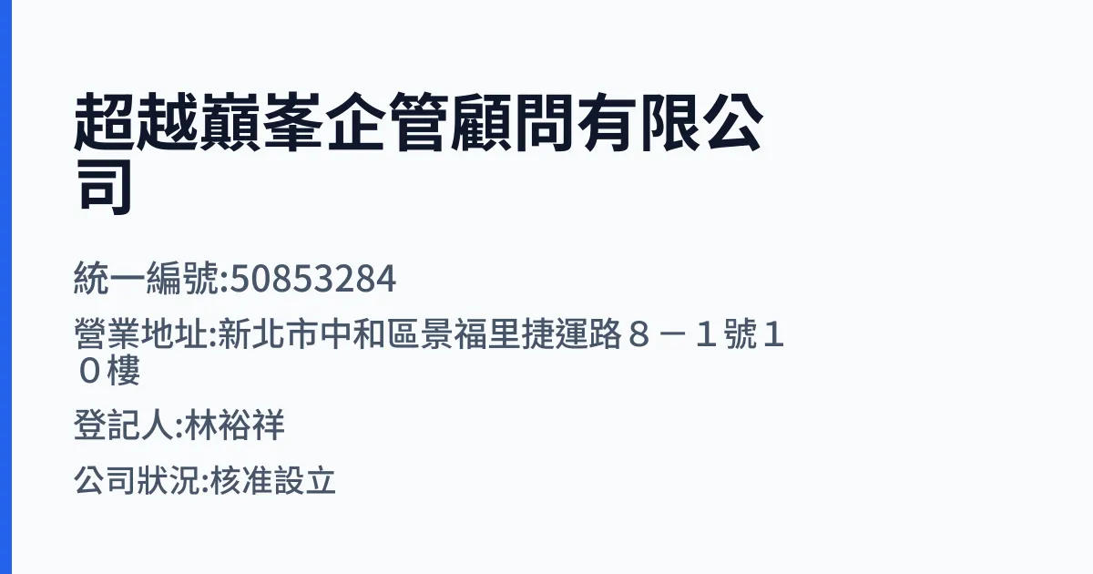 超越巔峯企管顧問有限公司 - 統編 50853284(新北市) 公司登記資料與營業項目詳細圖表