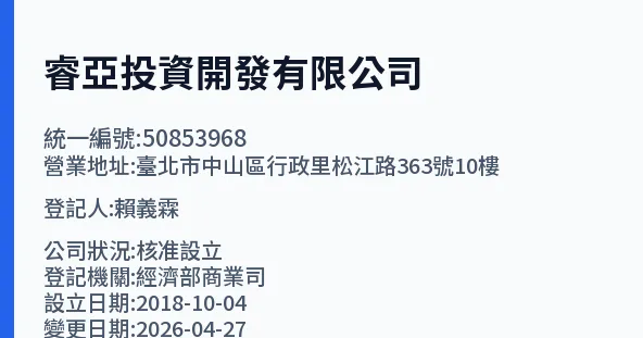 睿亞投資開發有限公司的照片-統編 50853968(臺北市) 公司登記資料與營業項目詳細圖表