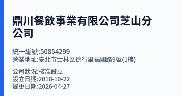 鼎川餐飲事業有限公司芝山分公司的照片-統編 50854299(臺北市) 公司登記資料與營業項目詳細圖表
