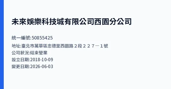 未來娛樂科技城有限公司西園分公司的照片-統編 50855425(臺北市) 公司登記資料與營業項目詳細圖表