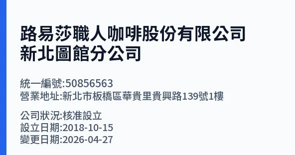 路易莎職人咖啡股份有限公司新北圖館分公司的照片-統編 50856563(新北市) 公司登記資料與營業項目詳細圖表