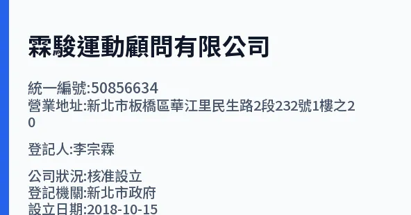 霖駿運動顧問有限公司的照片-統編 50856634(新北市) 公司登記資料與營業項目詳細圖表