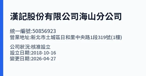 漢記股份有限公司海山分公司的照片-統編 50856923(新北市) 公司登記資料與營業項目詳細圖表