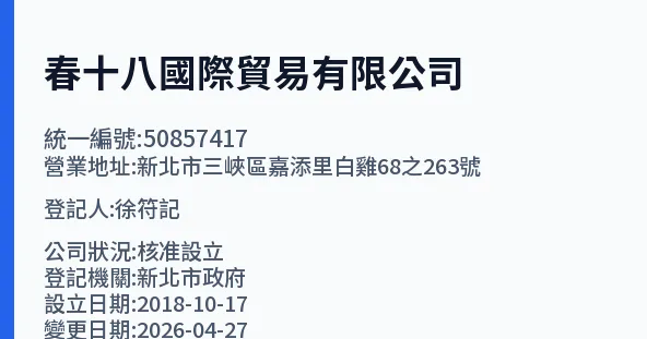 春十八國際貿易有限公司的照片-統編 50857417(新北市) 公司登記資料與營業項目詳細圖表