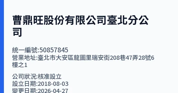 曹鼎旺股份有限公司臺北分公司的照片-統編 50857845(臺北市) 公司登記資料與營業項目詳細圖表