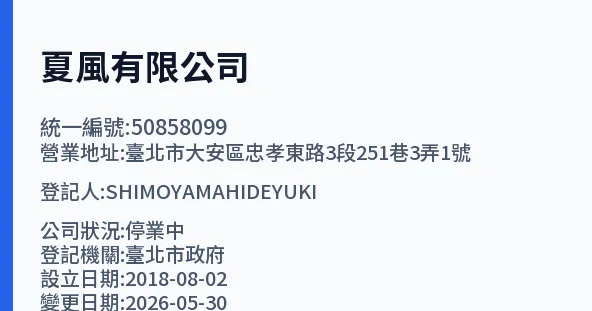 夏風有限公司的照片-統編 50858099(臺北市) 公司登記資料與營業項目詳細圖表