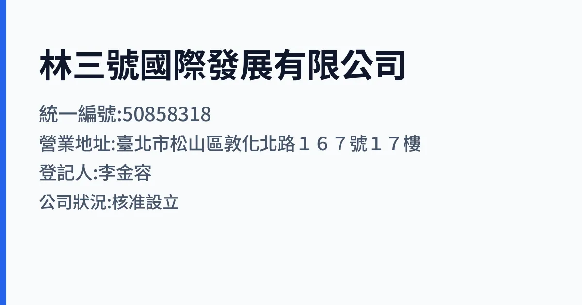 林三號國際發展有限公司 - 統編 50858318(臺北市) 公司登記資料與營業項目詳細圖表