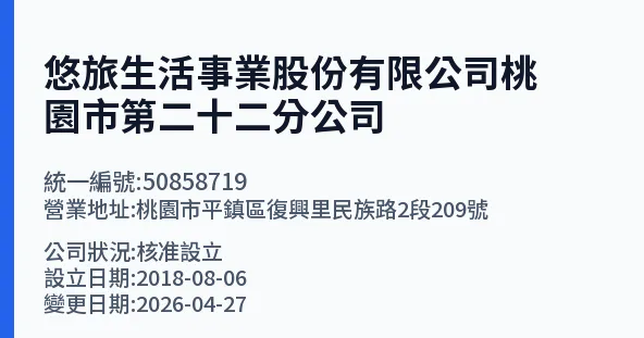 悠旅生活事業股份有限公司桃園市第二十二分公司的照片-統編 50858719(桃園市) 公司登記資料與營業項目詳細圖表