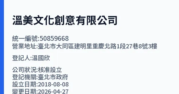 溫美文化創意有限公司的照片-統編 50859668(臺北市) 公司登記資料與營業項目詳細圖表