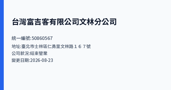 台灣富吉客有限公司文林分公司的照片-統編 50860567(臺北市) 公司登記資料與營業項目詳細圖表