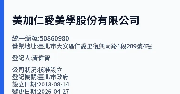美加仁愛美學股份有限公司的照片-統編 50860980(臺北市) 公司登記資料與營業項目詳細圖表
