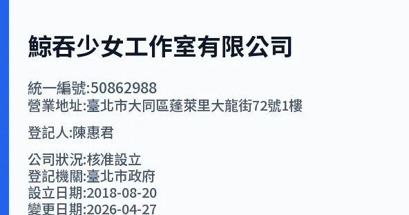 鯨吞少女工作室有限公司的照片-統編 50862988(臺北市) 公司登記資料與營業項目詳細圖表