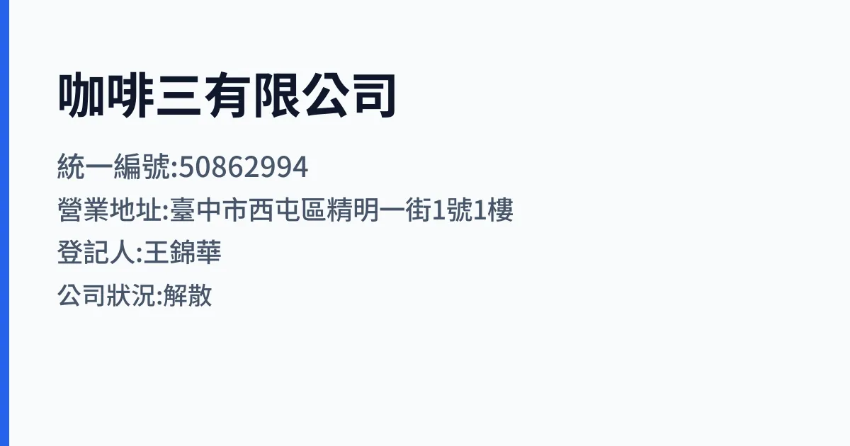 咖啡三有限公司 - 統編 50862994(臺中市) 公司登記資料與營業項目詳細圖表