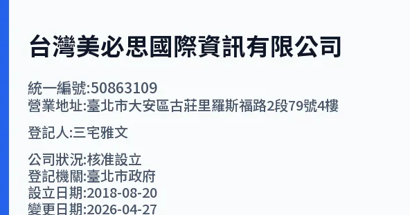 台灣美必思國際資訊有限公司的照片-統編 50863109(臺北市) 公司登記資料與營業項目詳細圖表