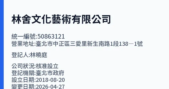林舍文化藝術有限公司的照片-統編 50863121(臺北市) 公司登記資料與營業項目詳細圖表