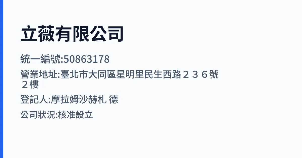 立薇有限公司 - 統編 50863178(臺北市) 公司登記資料與營業項目詳細圖表