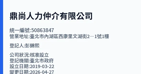 鼎尚人力仲介有限公司的照片-統編 50863847(臺北市) 公司登記資料與營業項目詳細圖表