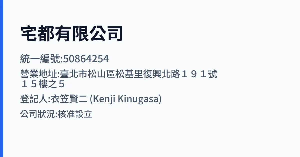 宅都有限公司 - 統編 50864254(臺北市) 公司登記資料與營業項目詳細圖表