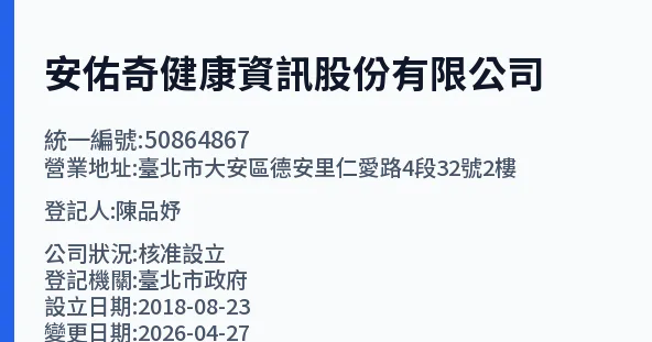 安佑奇健康資訊股份有限公司的照片-統編 50864867(臺北市) 公司登記資料與營業項目詳細圖表