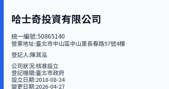 哈士奇投資有限公司的照片-統編 50865140(臺北市) 公司登記資料與營業項目詳細圖表