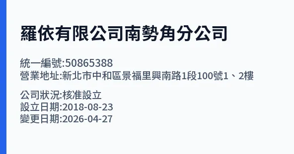 羅依有限公司南勢角分公司的照片-統編 50865388(新北市) 公司登記資料與營業項目詳細圖表