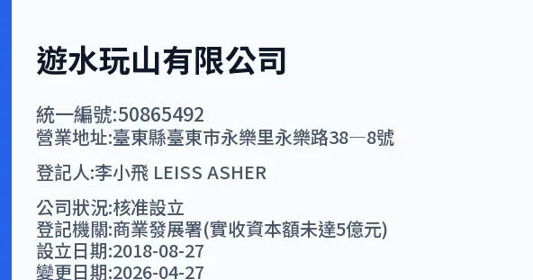 遊水玩山有限公司的照片-統編 50865492(臺東縣) 公司登記資料與營業項目詳細圖表