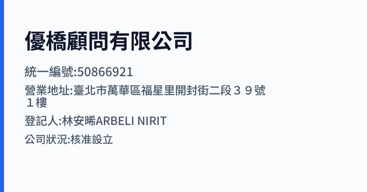 優橋顧問有限公司 - 統編 50866921(臺北市) 公司登記資料與營業項目詳細圖表