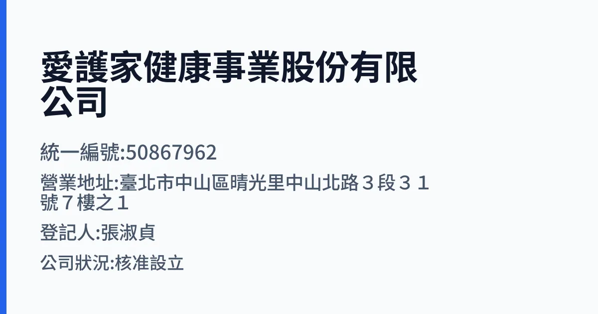 愛護家健康事業股份有限公司 - 統編 50867962(臺北市) 公司登記資料與營業項目詳細圖表