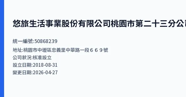悠旅生活事業股份有限公司桃園市第二十三分公司的照片-統編 50868239(桃園市) 公司登記資料與營業項目詳細圖表