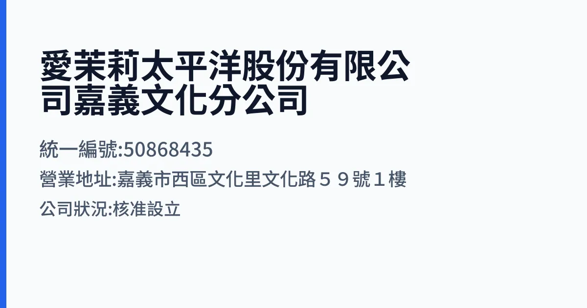 愛茉莉太平洋股份有限公司嘉義文化分公司 - 統編 50868435(嘉義市) 公司登記資料與營業項目詳細圖表