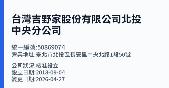 台灣吉野家股份有限公司北投中央分公司的照片-統編 50869074(臺北市) 公司登記資料與營業項目詳細圖表