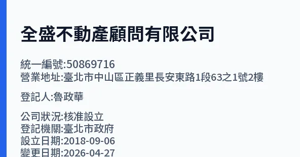 全盛不動產顧問有限公司的照片-統編 50869716(臺北市) 公司登記資料與營業項目詳細圖表