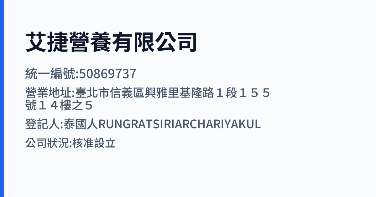 艾捷營養有限公司 - 統編 50869737(臺北市) 公司登記資料與營業項目詳細圖表