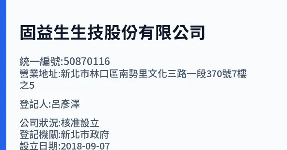 固益生生技股份有限公司的照片-統編 50870116(新北市) 公司登記資料與營業項目詳細圖表