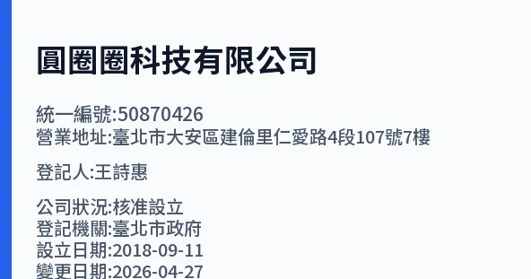 圓圈圈科技有限公司的照片-統編 50870426(臺北市) 公司登記資料與營業項目詳細圖表