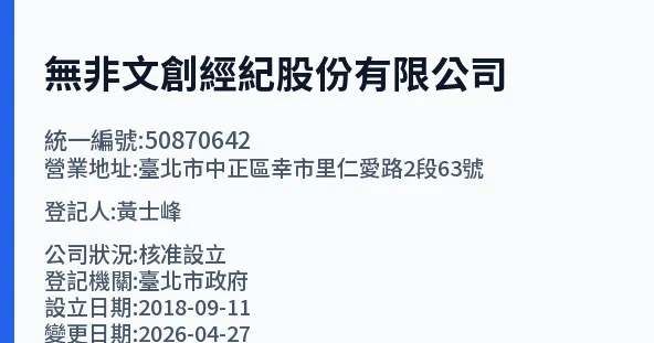 無非文創經紀股份有限公司的照片-統編 50870642(臺北市) 公司登記資料與營業項目詳細圖表
