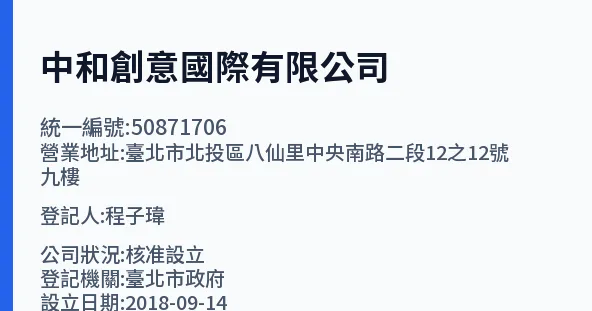中和創意國際有限公司的照片-統編 50871706(臺北市) 公司登記資料與營業項目詳細圖表