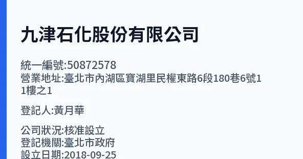 九津石化股份有限公司的照片-統編 50872578(臺北市) 公司登記資料與營業項目詳細圖表